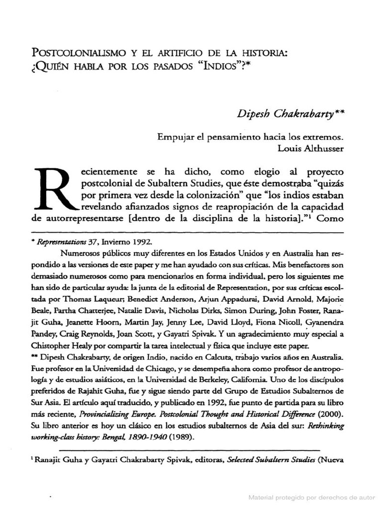 Postcolonialismo y el artificio de la historia. Dipesh Chakrabarty | PDF