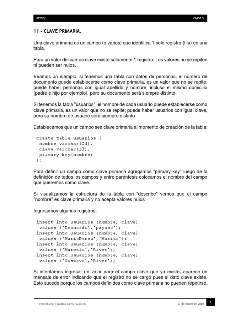 Claves primarias, autoincremento y ejemplos de uso en MySQL | PDF | Mi sql | Datos de computadora