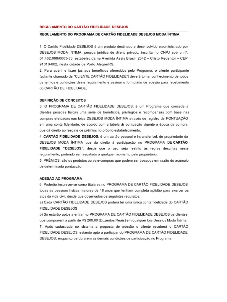 Termo de Uso Cartão Fidelidade | PDF | Moda | Cheque (banco) Termo de Uso Cartão Fidelidade | PDF | Moda | Cheque (banco)