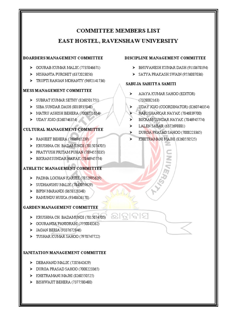 Committee Members List East Hostel 2022 23 | PDF