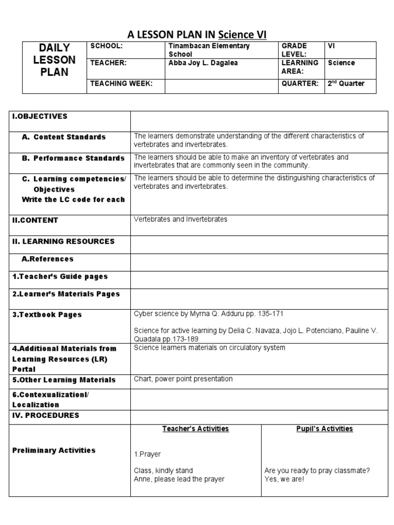 A LESSON PLAN in SCIENCE 6 Vertebrates and Invertebrates | PDF ...
