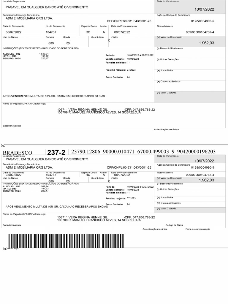 Boleto de Aluguel 104767 PDF | PDF