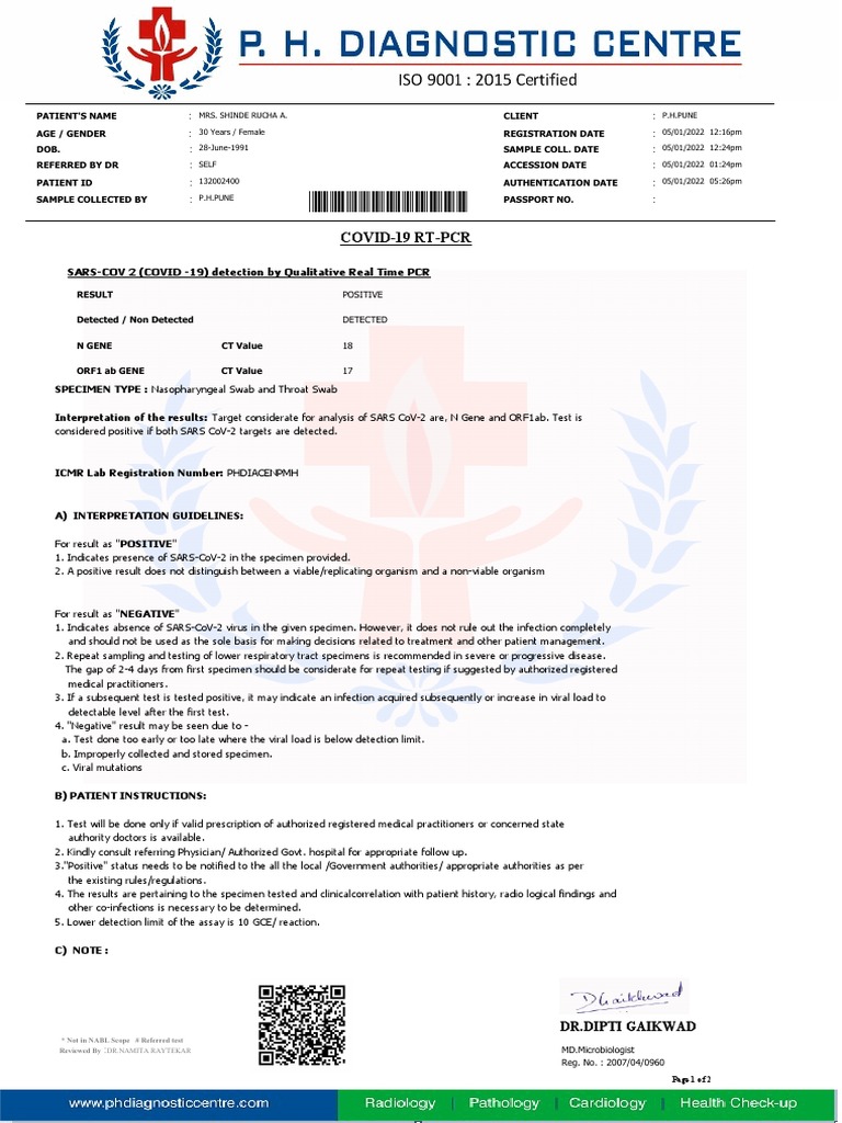 Results and Interpretation of a COVID-19 RT-PCR Test for Mrs. Rucha ...