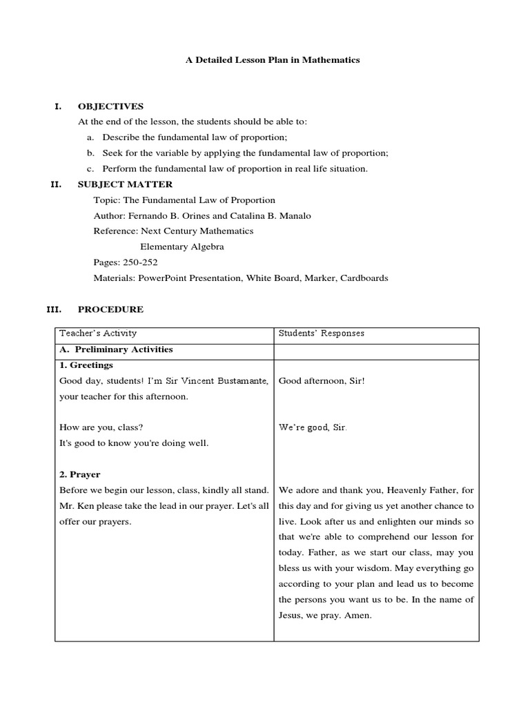 A Detailed Lesson Plan - The Fundamental Law of Proportion | PDF | Prayer | Equations