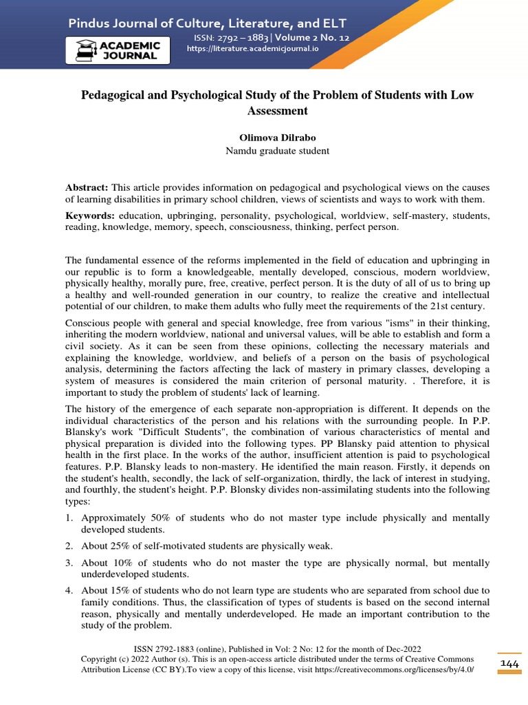 Pedagogical and Psychological Study of The Problem of Students With Low ...