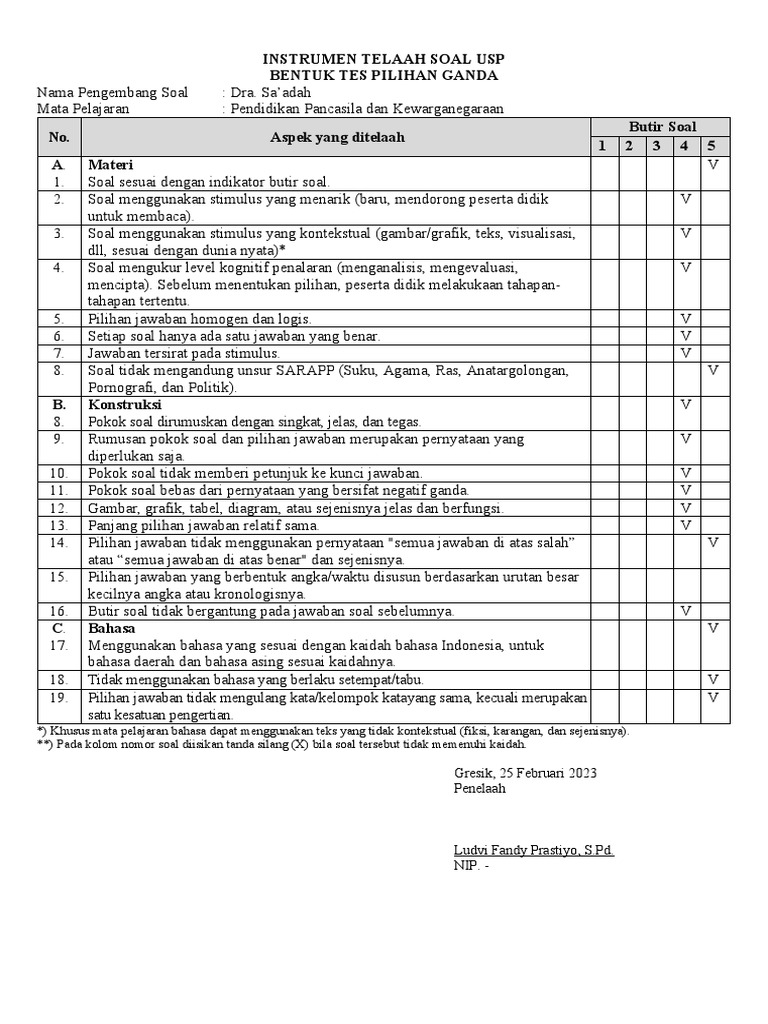 Format Telaah Soal Usp | PDF