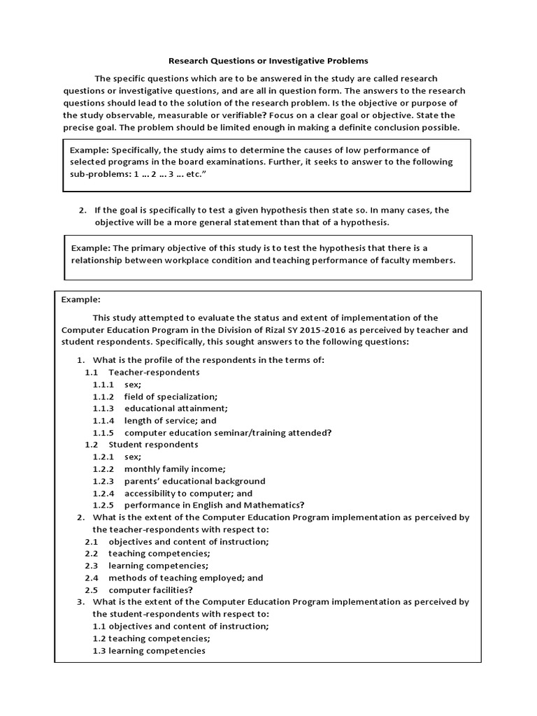 Research Questions or Investigative Problems | PDF | Hypothesis | Learning