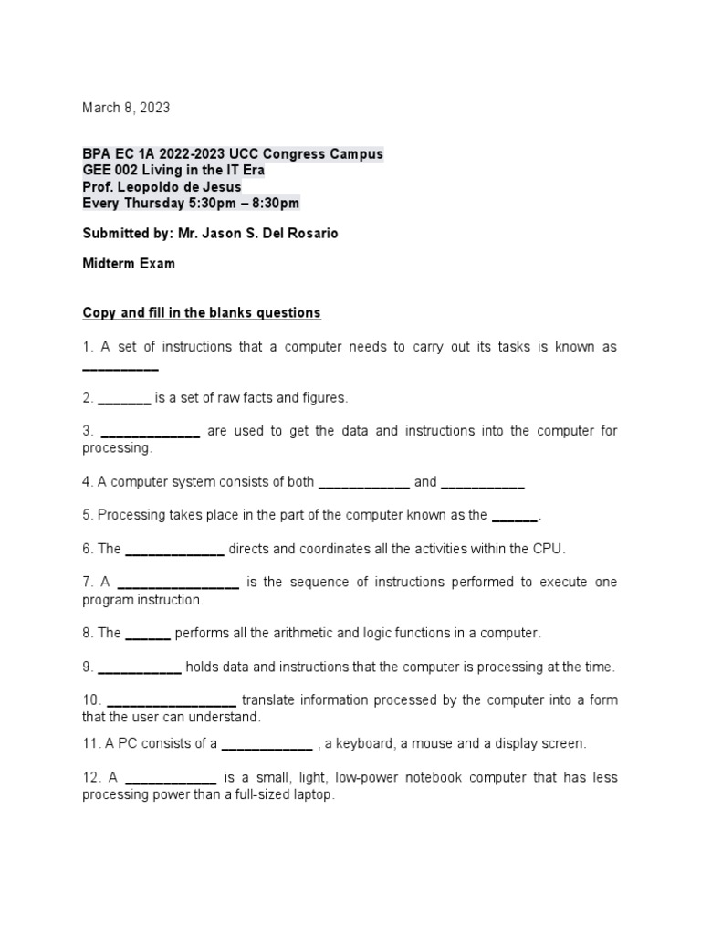 Midterm Exam - For IT - 1st Year - March 9 - 2023 | PDF | Laptop | Personal Computers