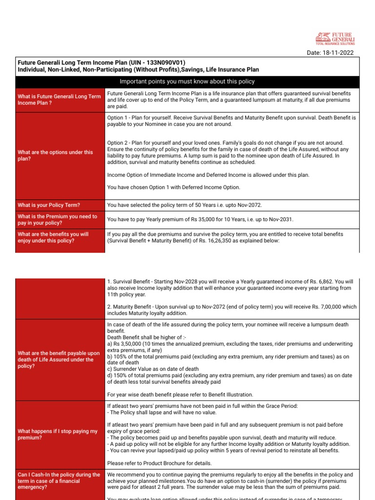 Future Generali Long Term Income Plan (UIN - 133N090V01) Individual ...