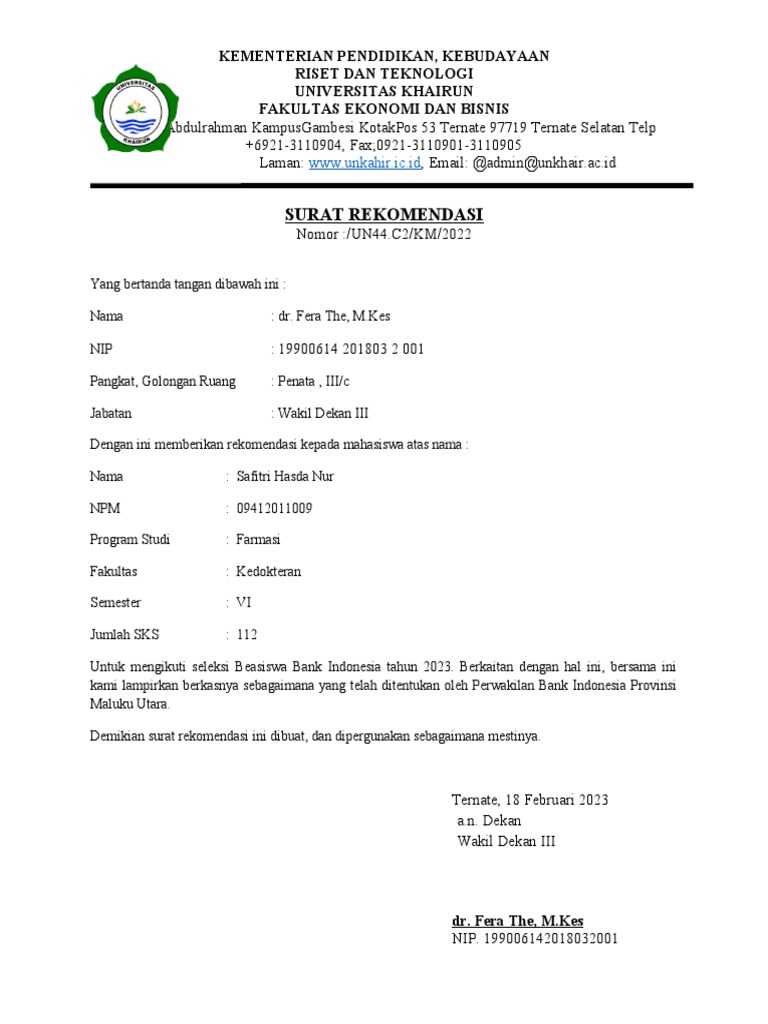 Surat Rekomendasi BI (Safitri Hasda Nur) | PDF
