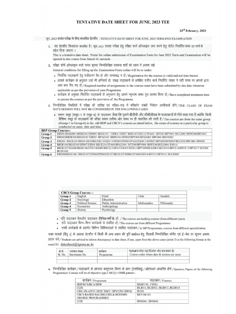 IGNOU-Date-Sheet-June-2023-Tentative | PDF