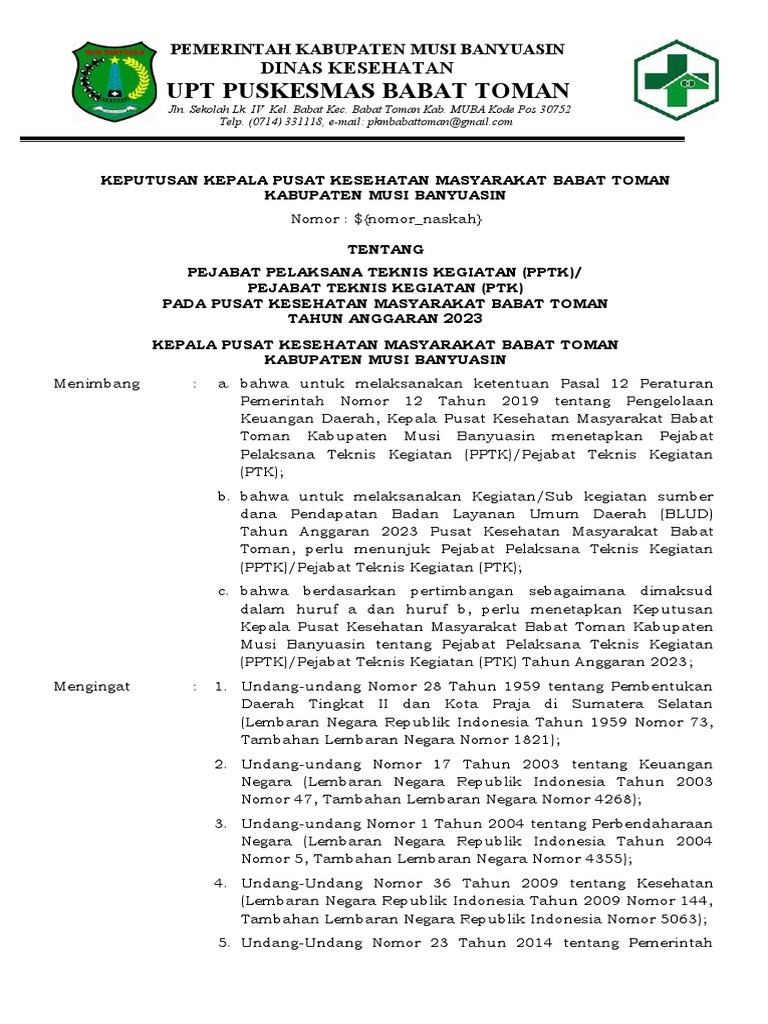 SK TTG Penetapan PPTK-PTK BLUD Puskesmas-2023 | PDF | Bisnis