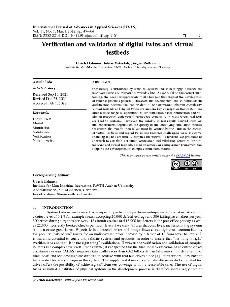 Verification and Validation of Digital Twins and Virtual Testbeds | PDF ...