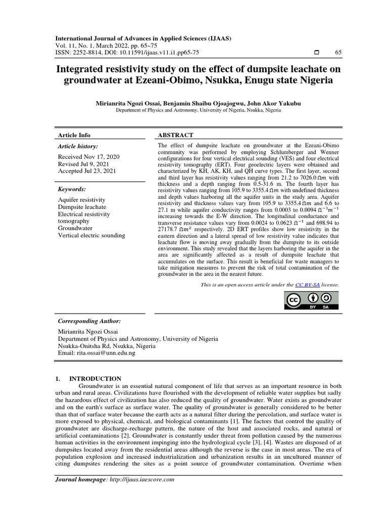 Integrated Resistivity Study On The Effect of Dumpsite Leachate On Groundwater at Ezeani-Obimo ...