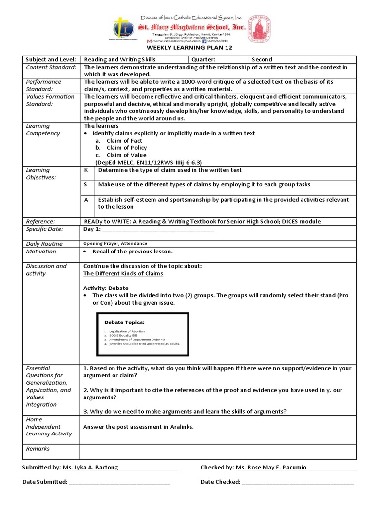 Senior High Reading & Writing Plan | PDF | Learning | Critical Thinking