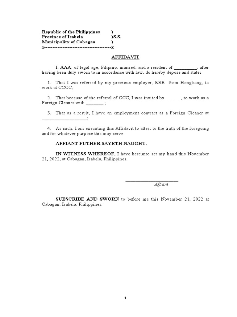 Employment Affidavit for Foreign Cleaner | PDF