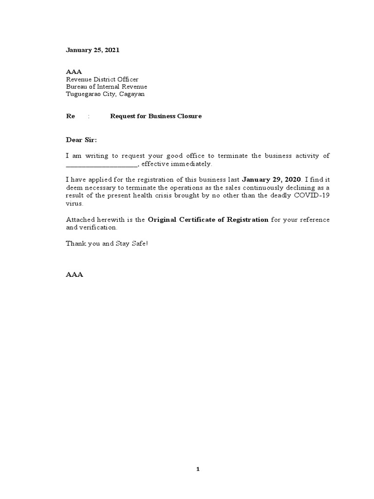 Request for Business Closure Due to COVID-19 | PDF
