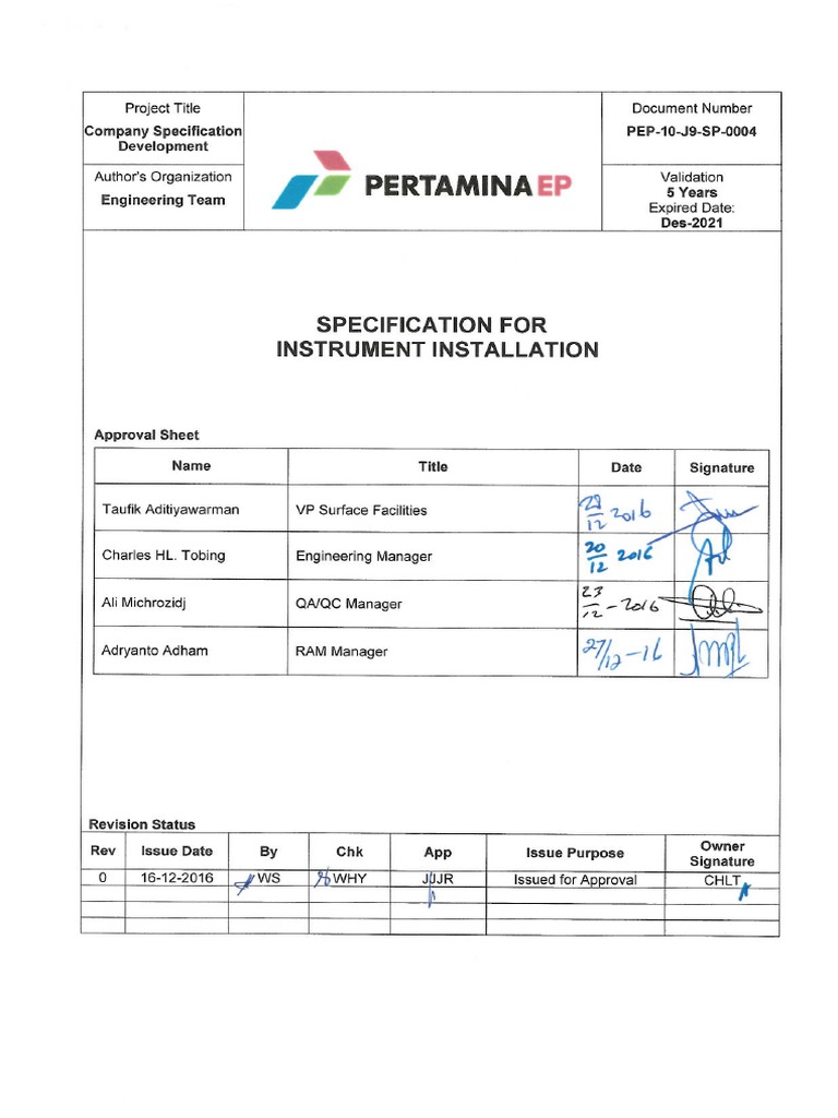 PEP-10-J9-SP-0004 Specification For Instrument Installation | PDF