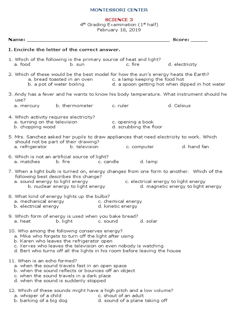 Science 3rd Grading Examination (1st Half): Assessing Student Knowledge ...