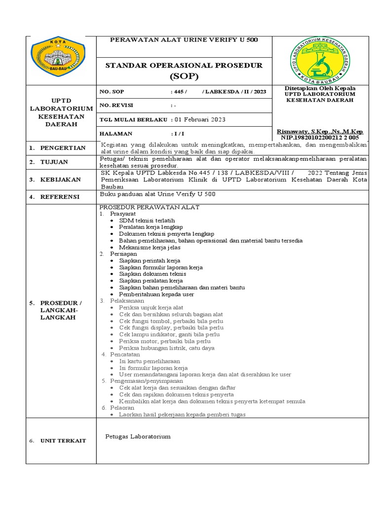 Sop Perawatan Urine Verify U 500 | PDF