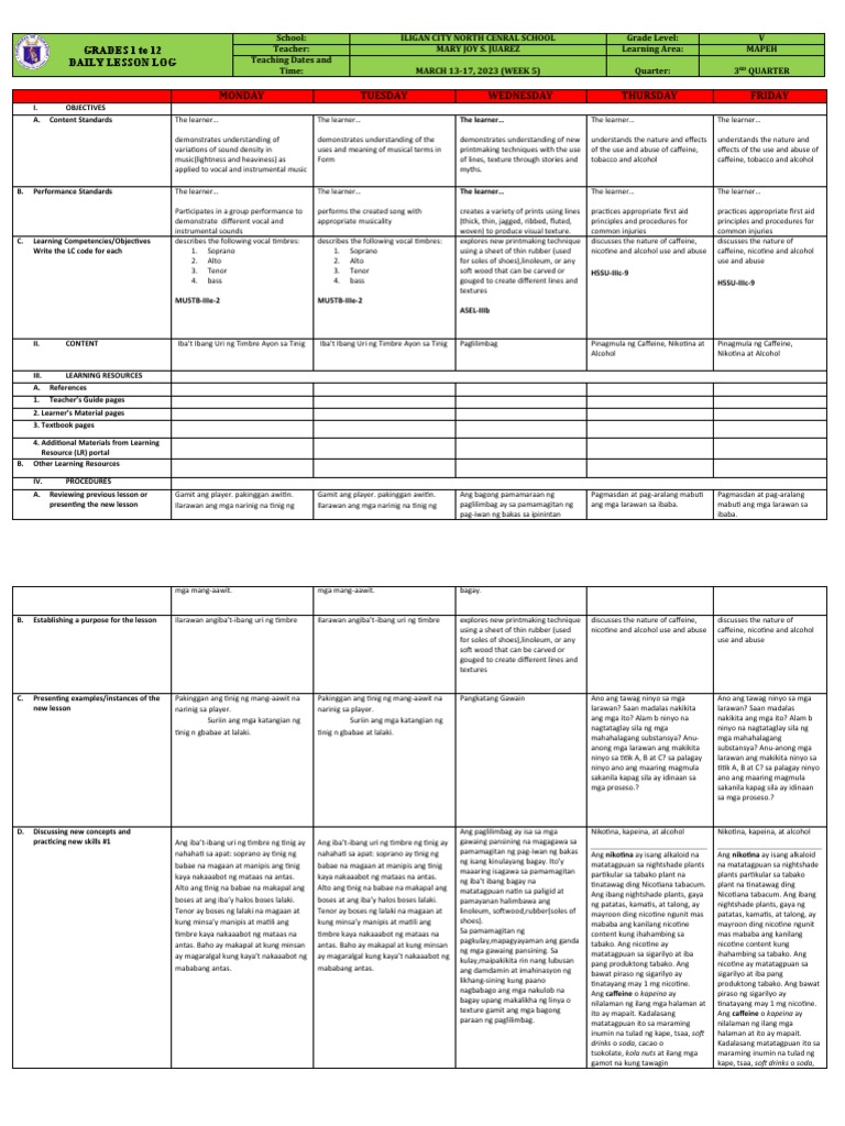 DLL - Mapeh 5 - Q3 - W5 | PDF | Learning