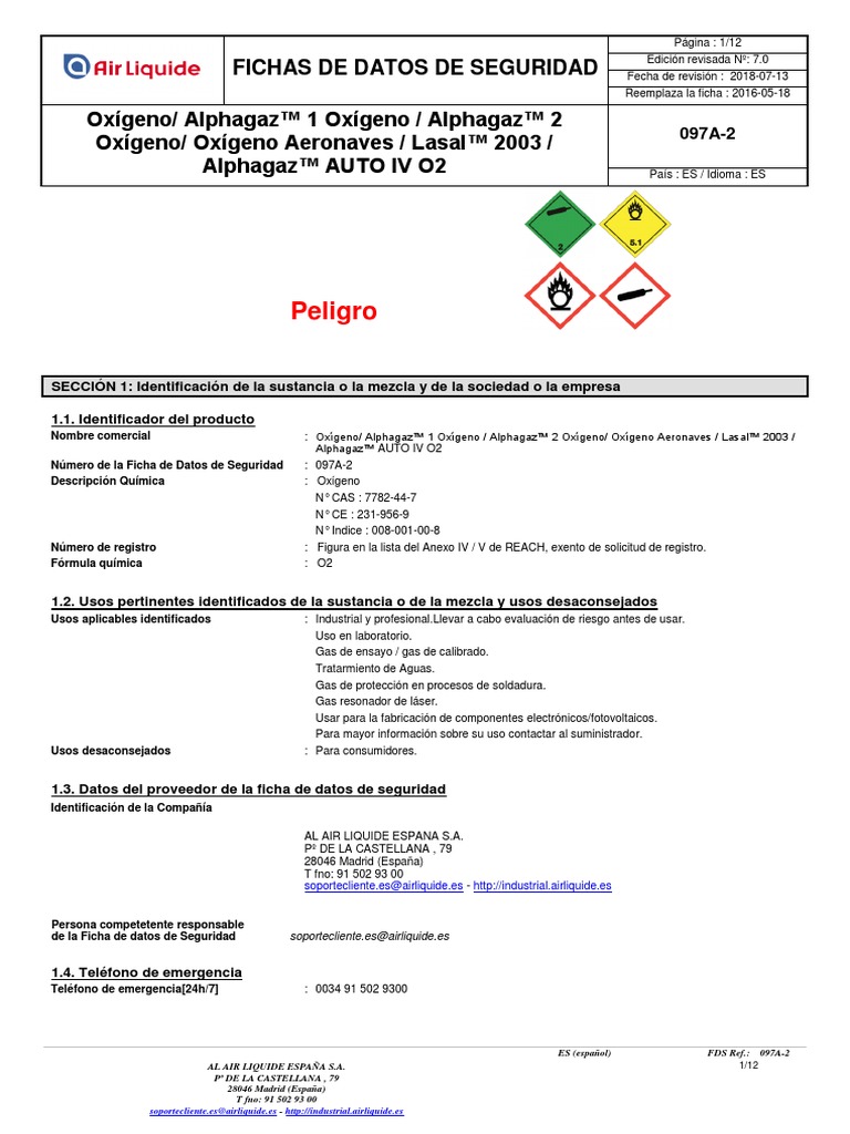 Fichas de Seguridad Oxigeno | PDF | Oxígeno | Agua