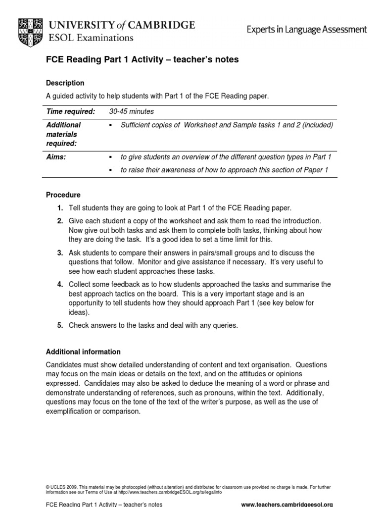Fce Reading Part 1 Activity | PDF Fce Reading Part 1 Activity | PDF