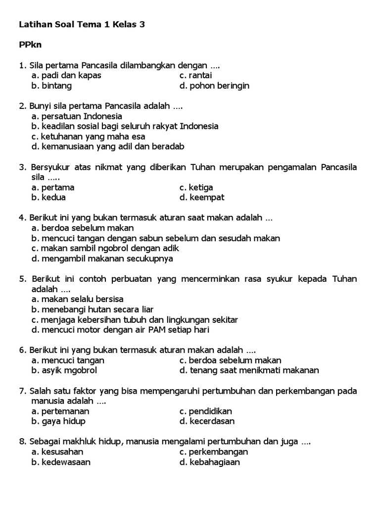 Latihan Soal Tema 1 Kelas 3 | PDF