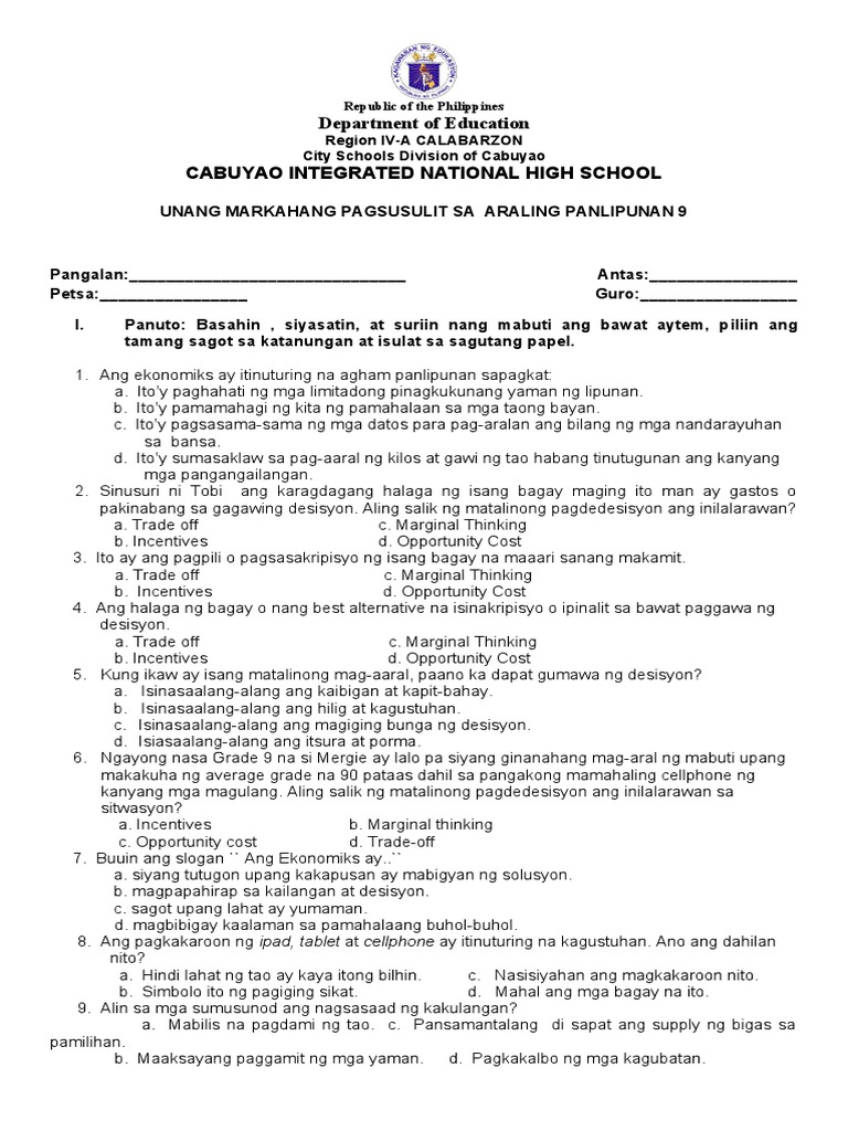 First Summative Test AP 9 - Final | PDF