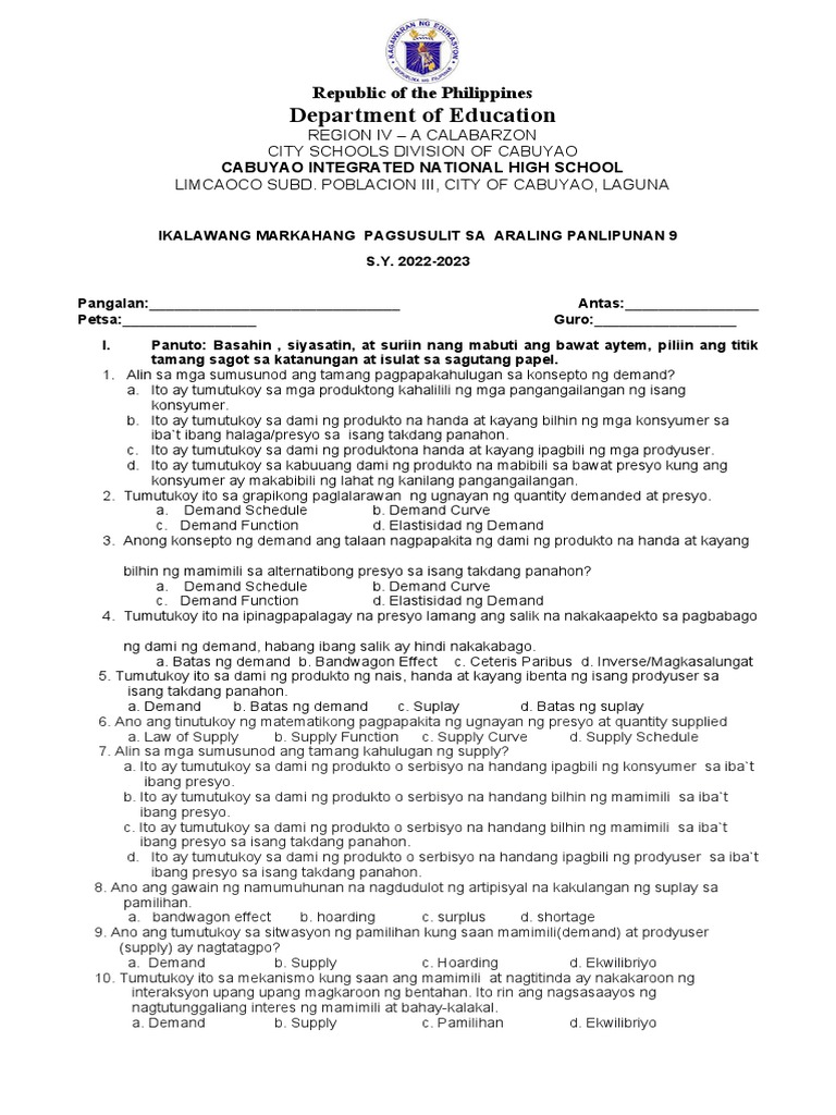 Second Periodical Examination AP 9 - Final | PDF