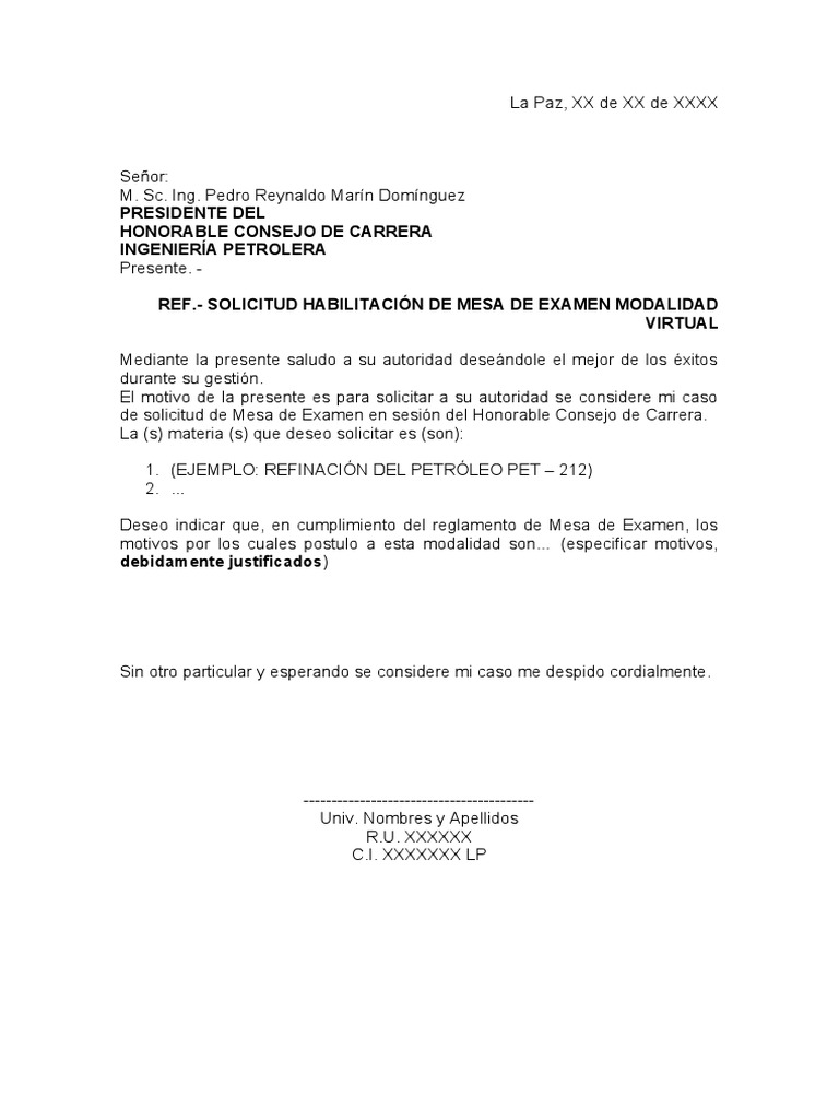 Modelo Solicitud Examen de Mesa | PDF