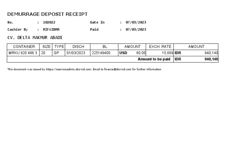 Demurrage Deposit Receipt Details | PDF
