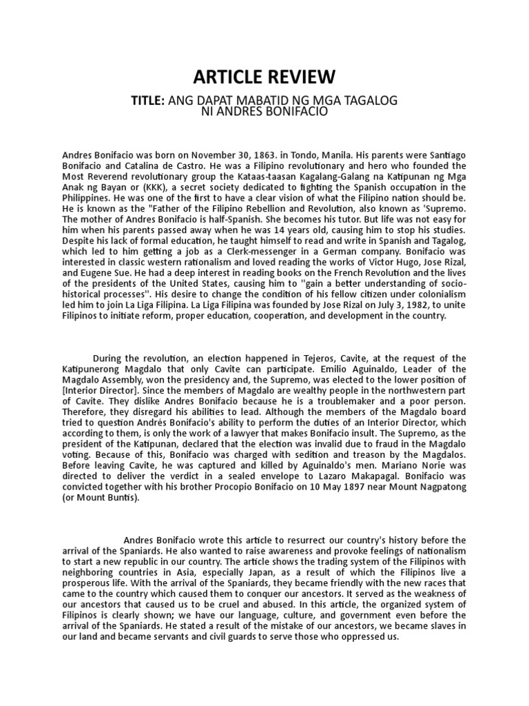 Ang Dapat Mabatid NG Mga Tagalog Ni Andres Bonifacio - Article Review ...
