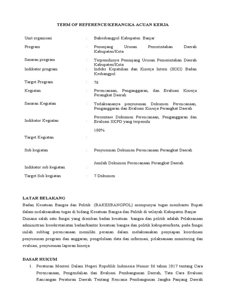 KAK Subkeg Penyusunan Dokumen Perencanaan Perangkat Daerah | PDF