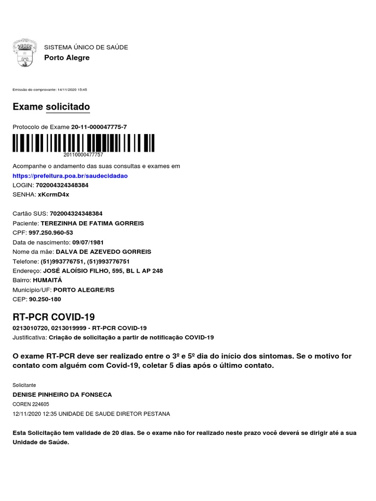 Solicitação de exame RT-PCR para detecção da COVID-19 para paciente com ...