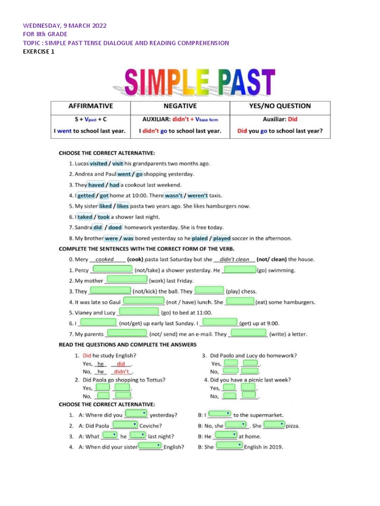 WED, 9-3-22, 8th, CHESSA, SIMPLE PAST TENSE DIALOGUE AND RC PDF | PDF ...