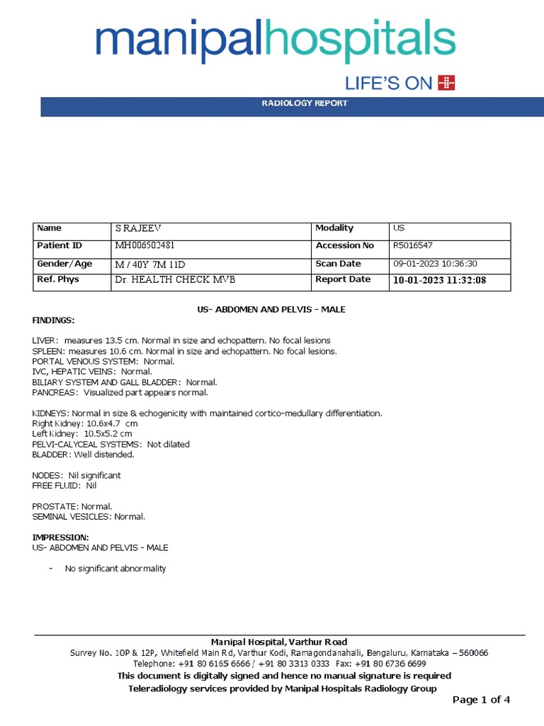 Manipal Hospital Ultrasound Report | PDF | Mammography | Medical Tests