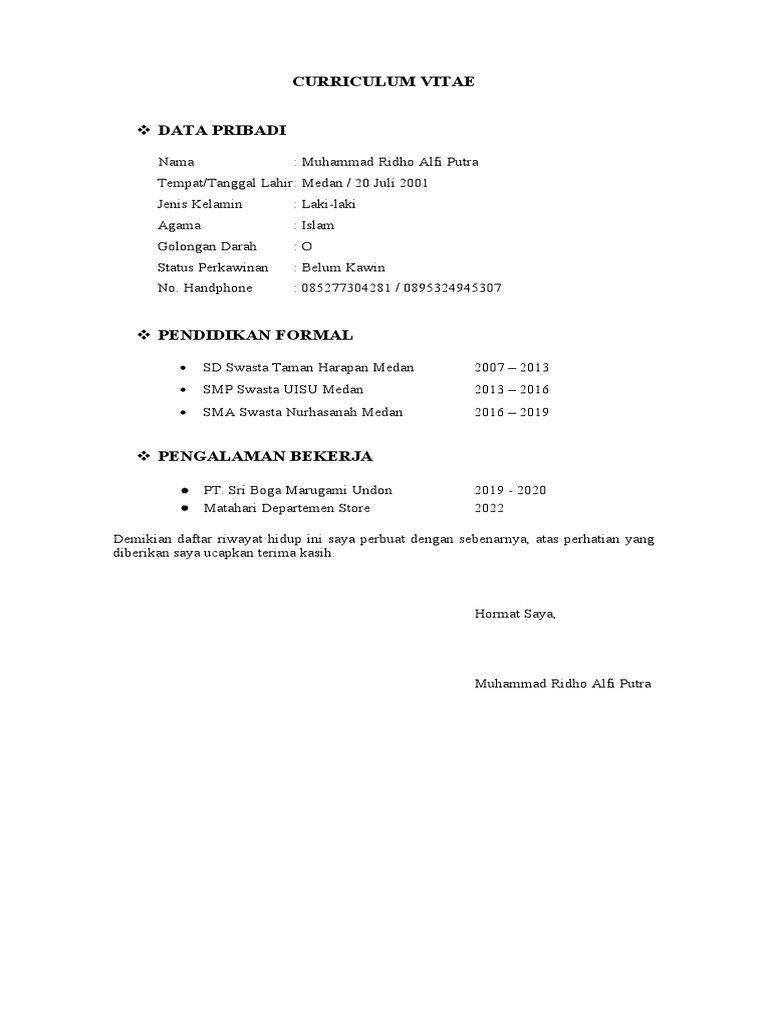 CV Muhammad Ridho Alfi Putra | PDF