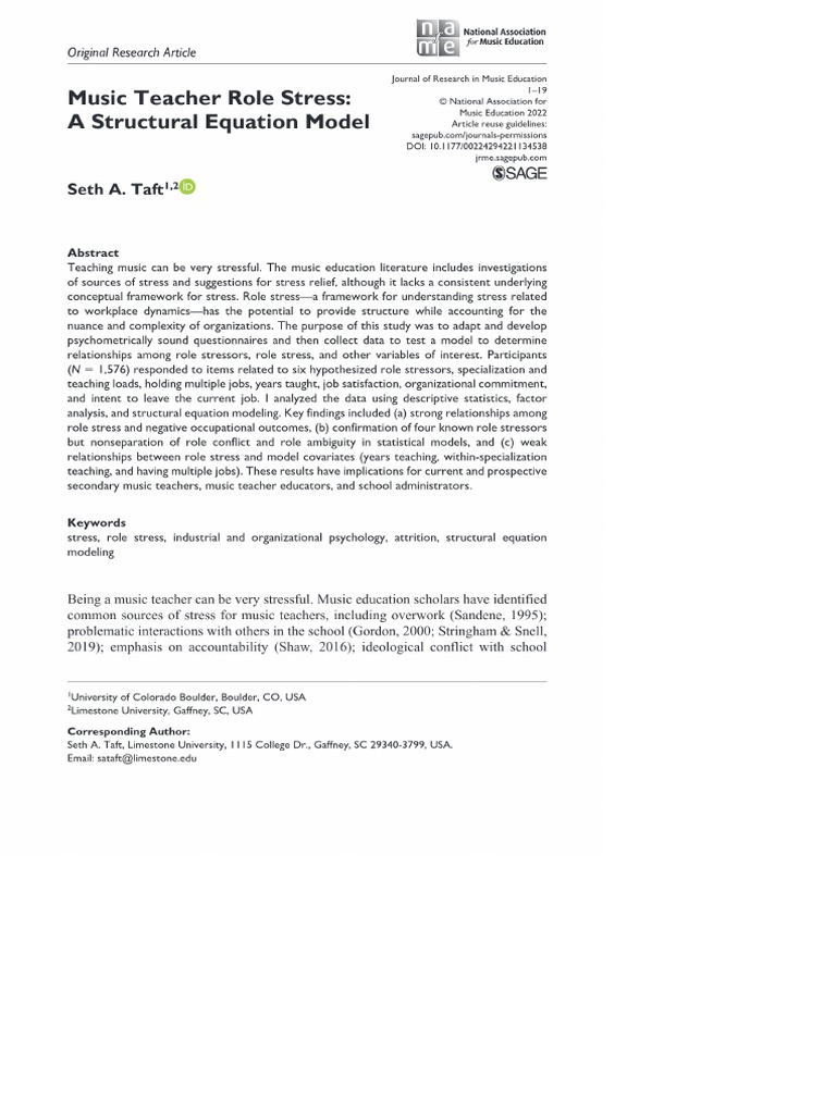 Music Teacher Role Stress A Structural Equation Model PDF | PDF