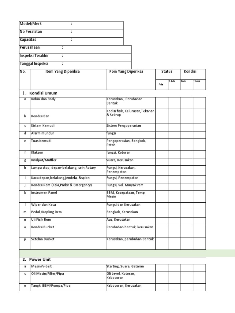 Hs Form Inspeksi Bulanan Wheel Loaderdoc PDF Free | PDF