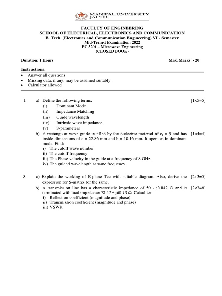 Microwave Engineering Mid-Term Exam 2022 | PDF