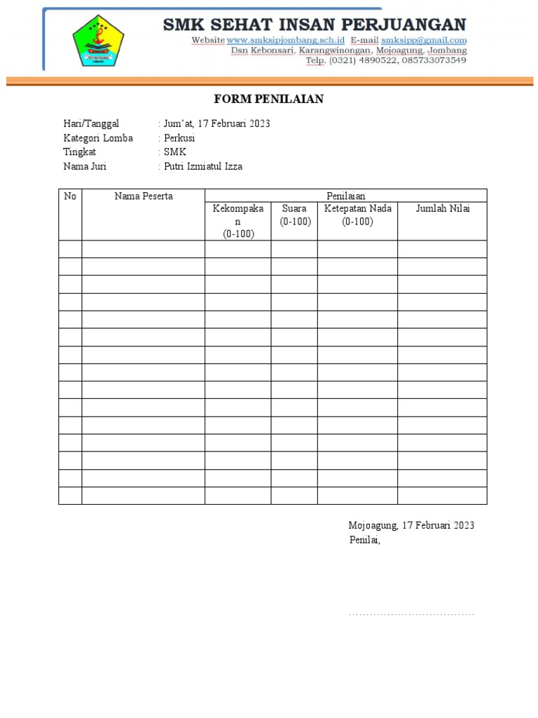 Form Penilaian Lomba Perkusi SMK | PDF