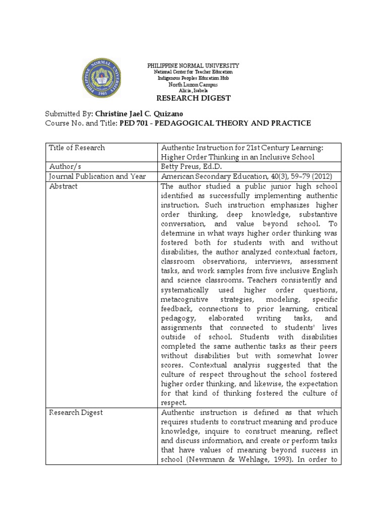 Research Digest 1 - QUIZANO, Christine Jael | PDF | Teachers | Inclusion (Education)