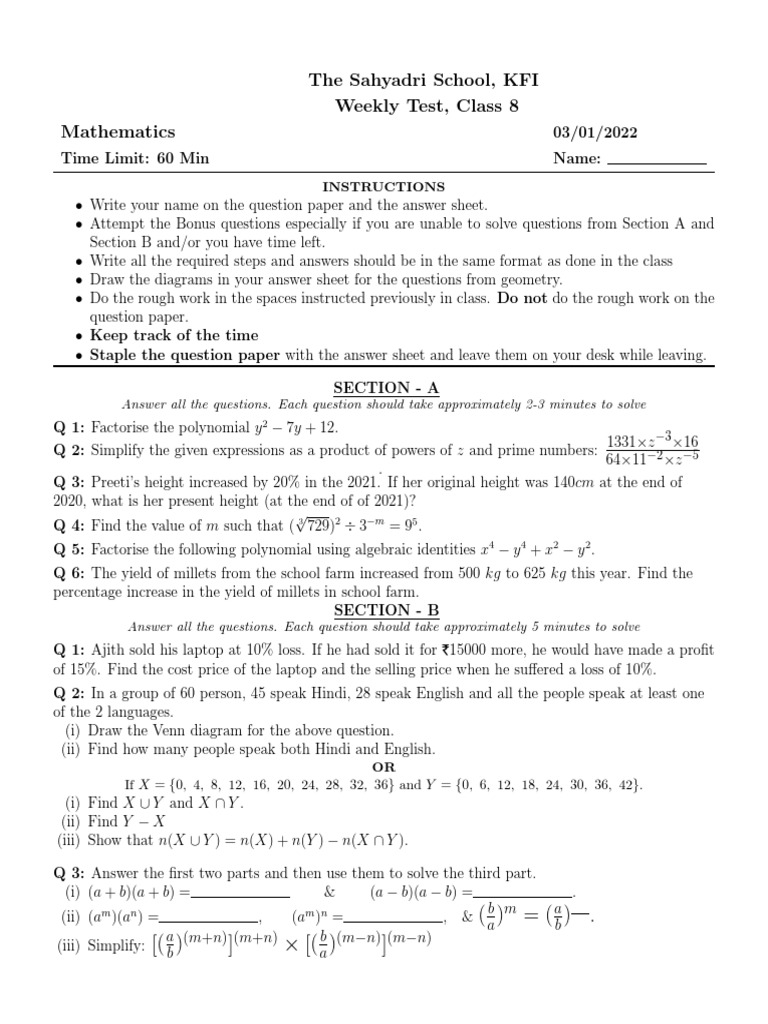 8th Mathematics Weekly Paper | Download Free PDF | Factorization ...