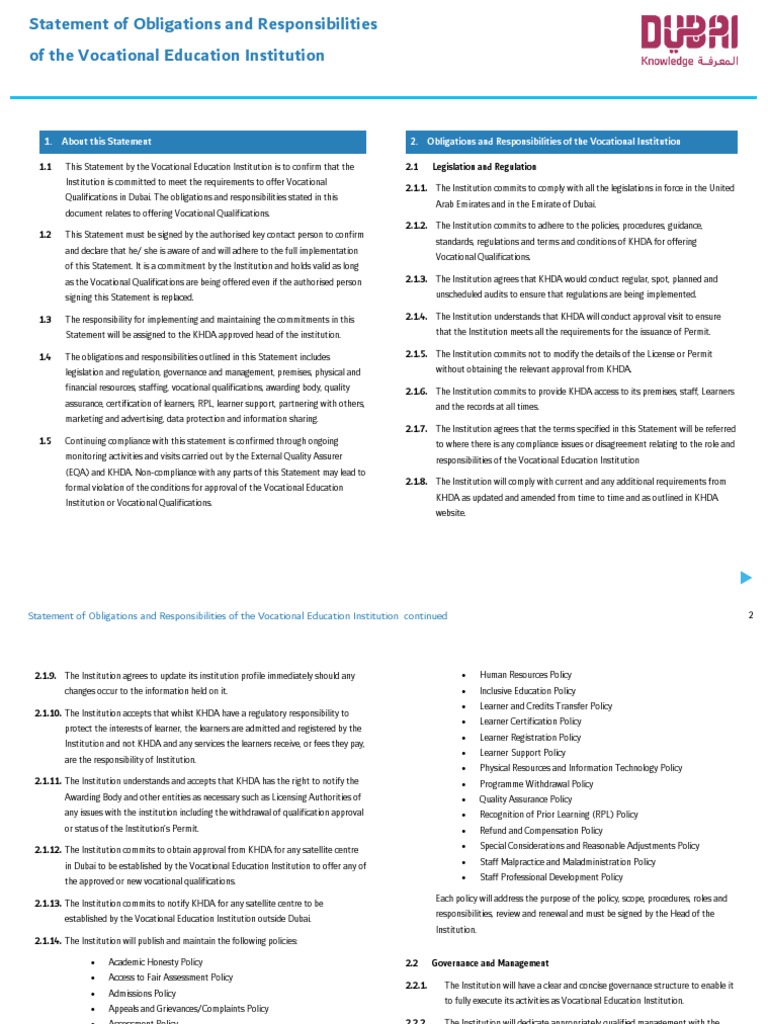 Statement of Obligations and Responsibilities | PDF | Vocational ...