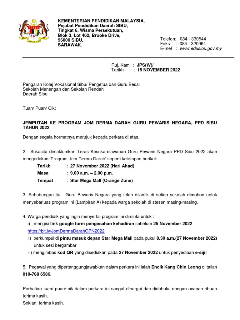 Surat Program Jom Derma Darah GPN Sibu 2022 PDF | PDF