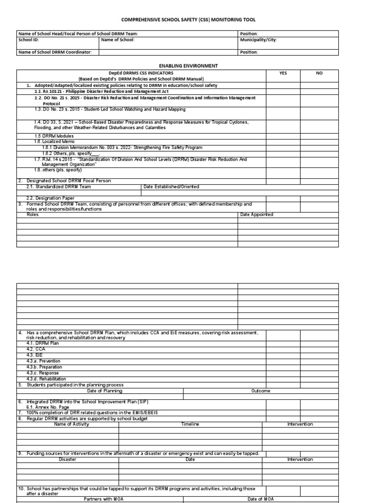Comprehensive School Safety Monitoring Tool | PDF | Disaster Risk ...