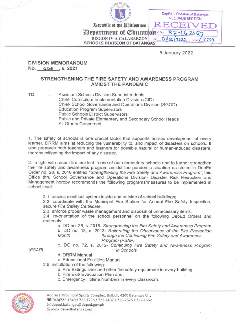 Division Memorandum - s2022 - 003 | PDF | Fire Safety | Emergency ...