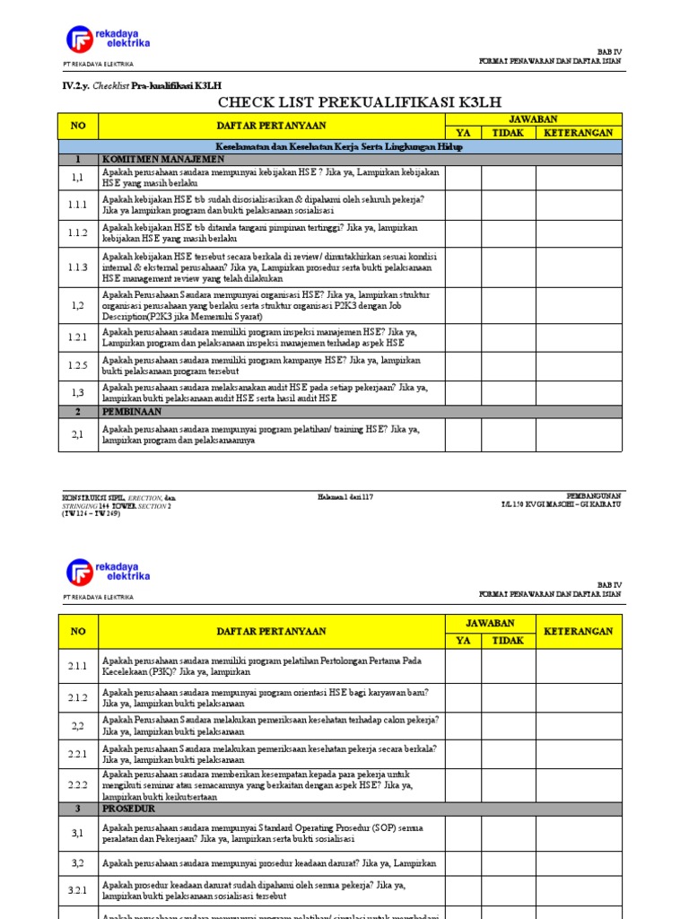 (IV.3.v) Checklist Prakualifikasi K3LH | PDF