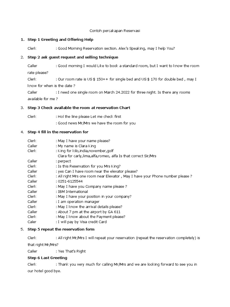 Contoh Percakapan Reservasi | PDF